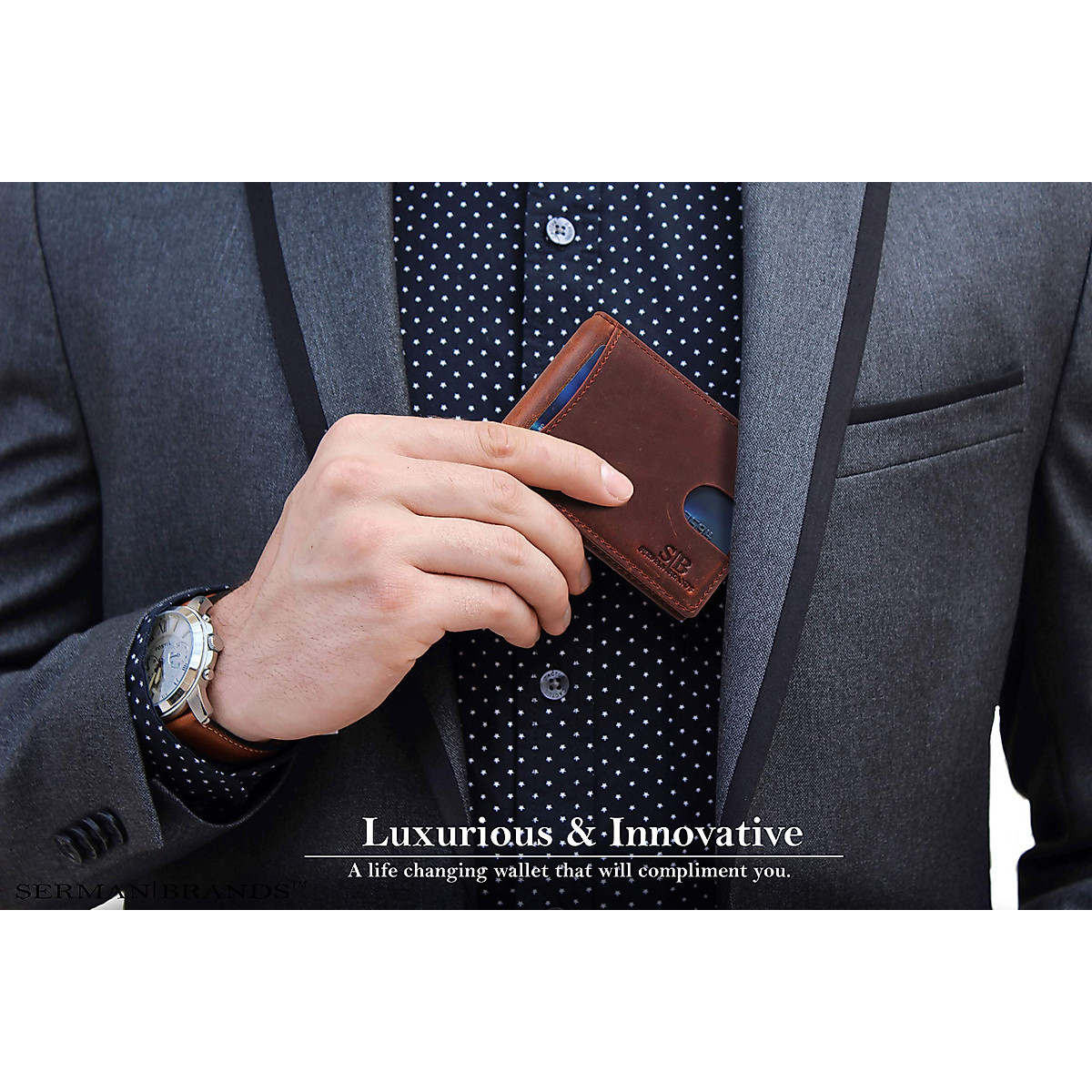 SERMAN BRANDS RFID Blocking Slim Bifold Genuine Leather Minimalist Front Pocket Wallets for Men with Money Clip Thin Mens (Canyon Red 1.0)