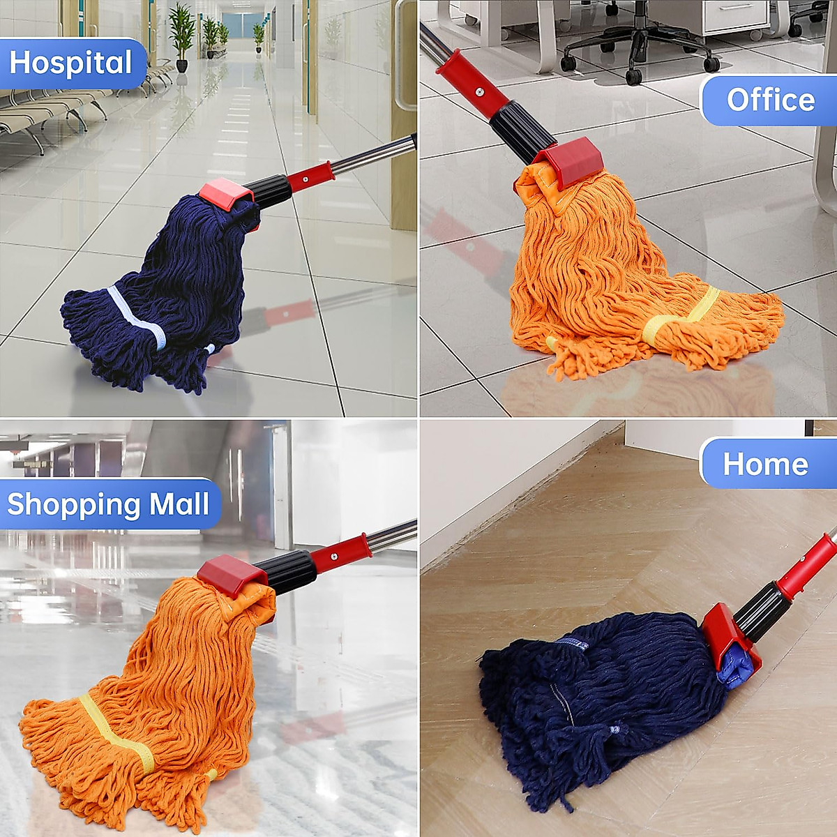 Commercial Mop Heavy Duty Industrial Mop with 77inch Long Handle, Looped-End String Wet Mop with 2 Mop Heads for Home, Garage, Office Floor Cleaning (Blue-Orange)