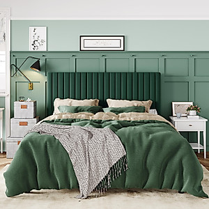 Allewie Queen Bed Frame, Velvet Upholstered Platform Bed with Adjustable Vertical Channel Tufted Headboard, Mattress Foundation with Strong Wooden Slats, Box Spring Optional, Easy Assembly, Green