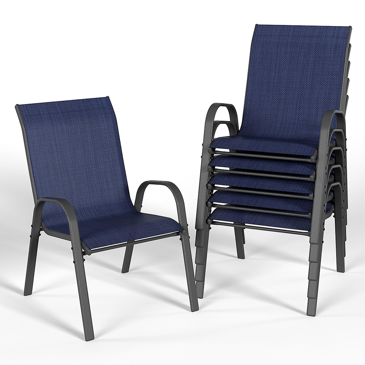 VONZOY Patio Dining Chairs Set of 6, Outdoor High Stacking Chairs，Breathable Seat Fabric and Alloy Steel Frame for Backyard, Porch, Garden, Sunroom (Blue)