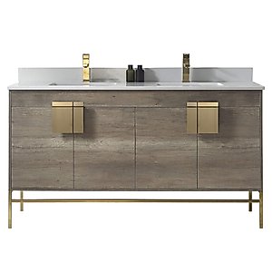 Fine Fixtures - Modern Grey 60" Bathroom Vanity Set, Satin Brass Hardware, Phoenix Stone Marble Top