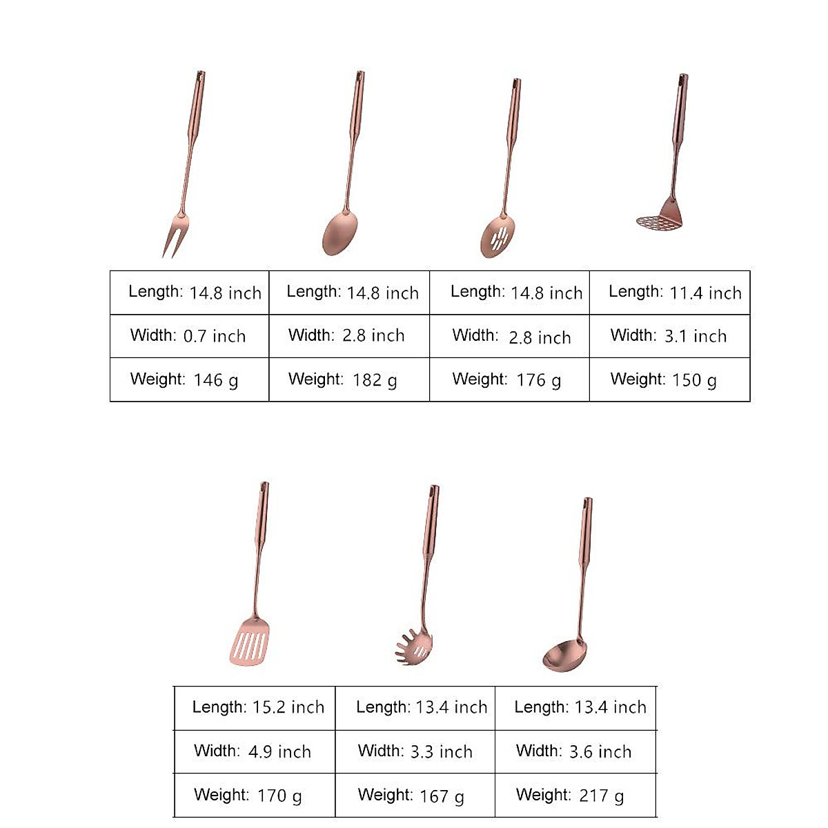 7 Pcs Round Handle Cooking Utensil Set, 304 Stainless Steel Rose Gold Titanium Plated Cookware Sets with Public Fork/Spoon, Potato Mashers, Slotted Spatula, Soup Ladle, Pasta Server, Kitchen Tool