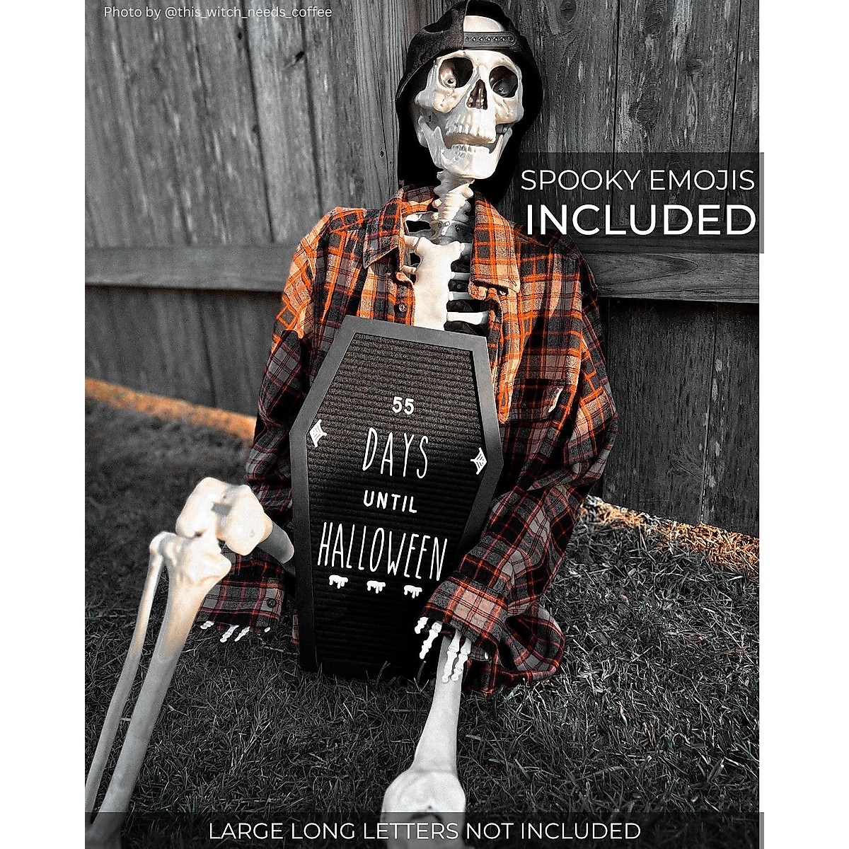 Coffin Letter Board Black With Spooky Emojis +500 Characters, and Wooden Stand - 17x10.5 Inches - Gothic Halloween Decor Spooky Gifts Decorations