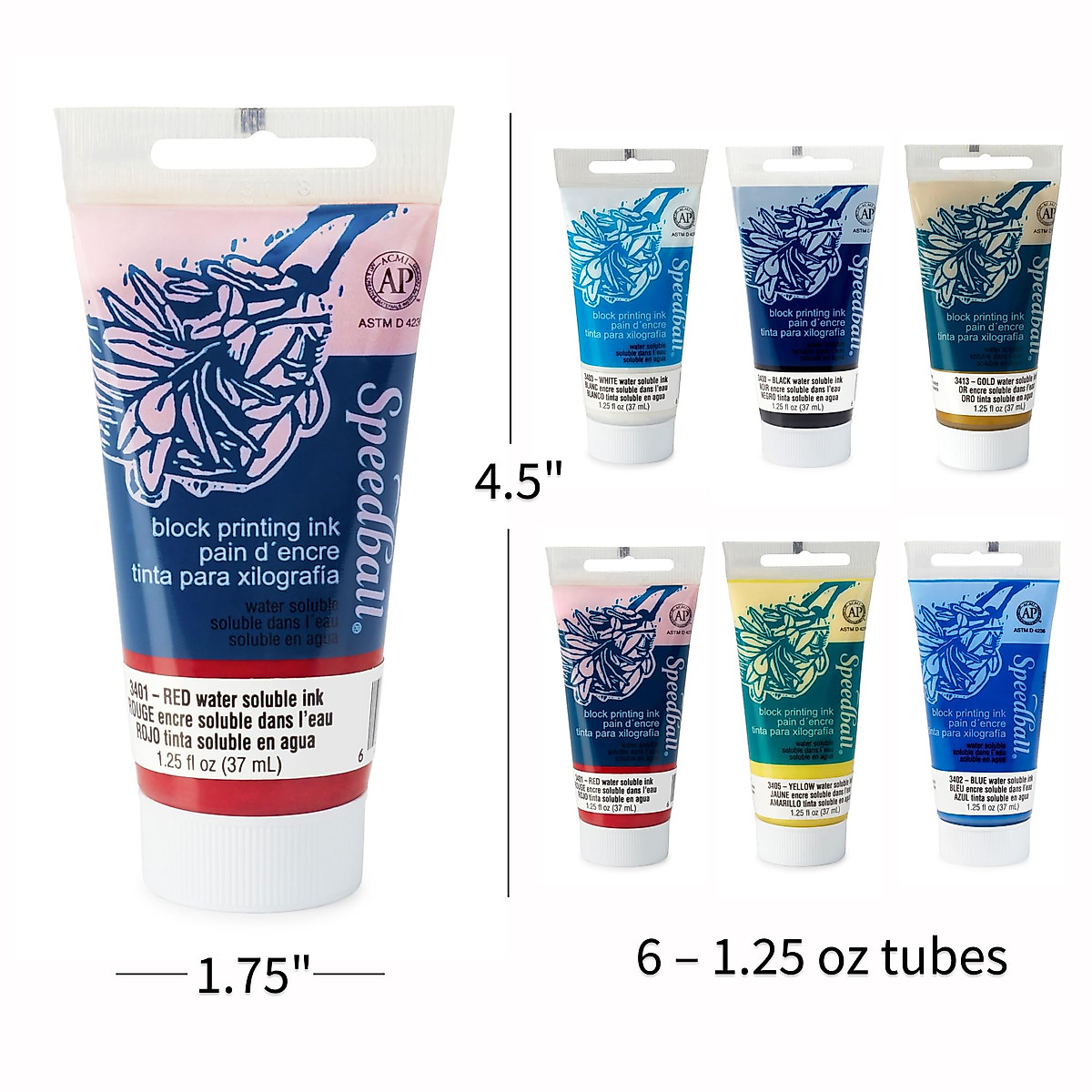 Speedball Water-Soluble Block Printing Ink Starter Set, 6 Bold Colors with Satin Finish, 1.25-Ounce Tubes