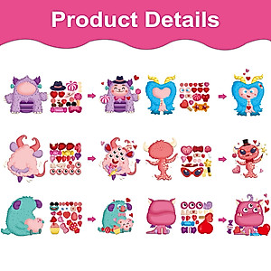 D4DREAM Monster Valentines Day Crafts for Kids 24pcs Valentine Stickers Sheets DIY Art Cards Make Your Own Face Stickers Make A Face Stickers for Kids Girl Boy Birthday School Classroom Party Supplies