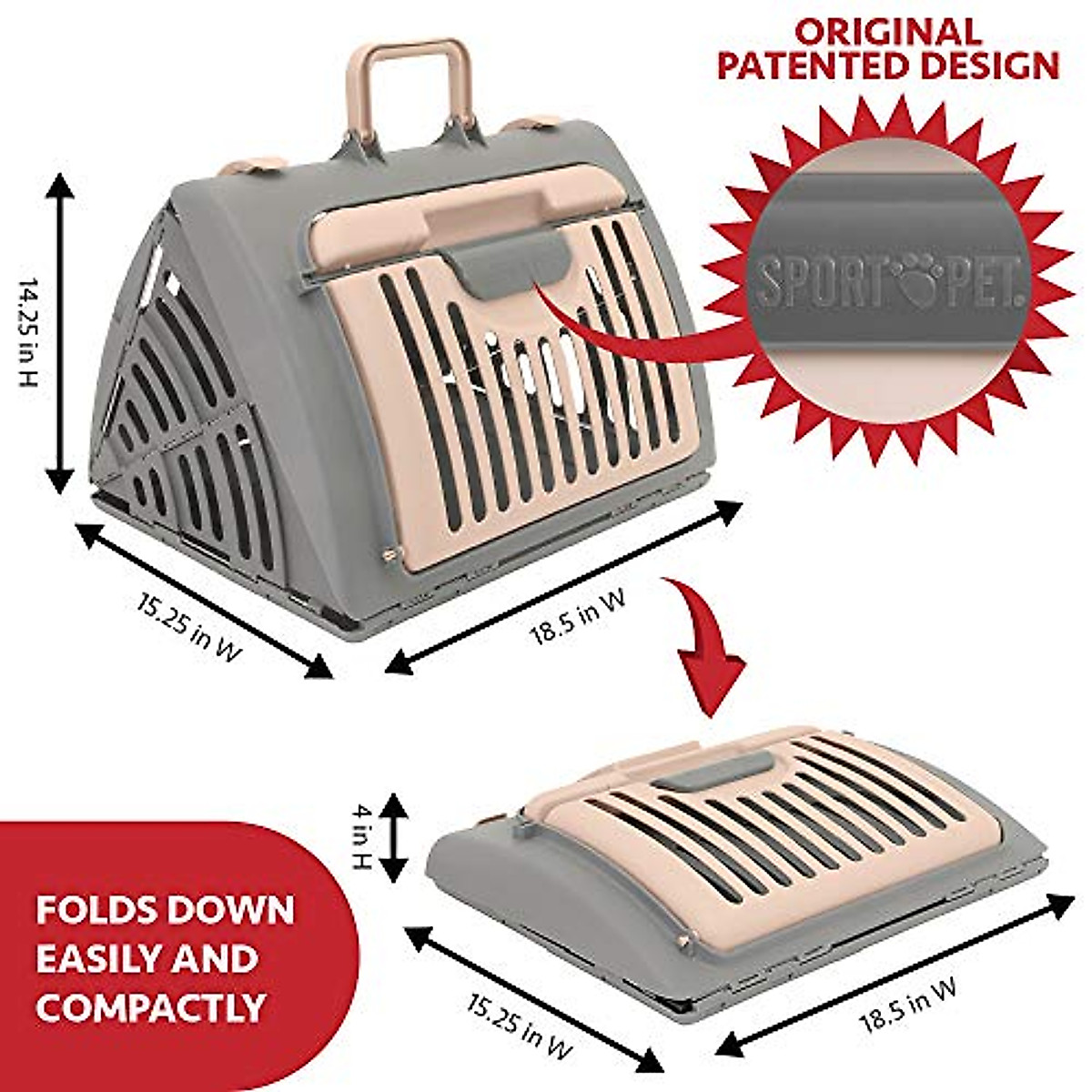 SPORT PET Designs Foldable Travel Cat Carrier with A Bed - Front Door Plastic Collapsible Carrier