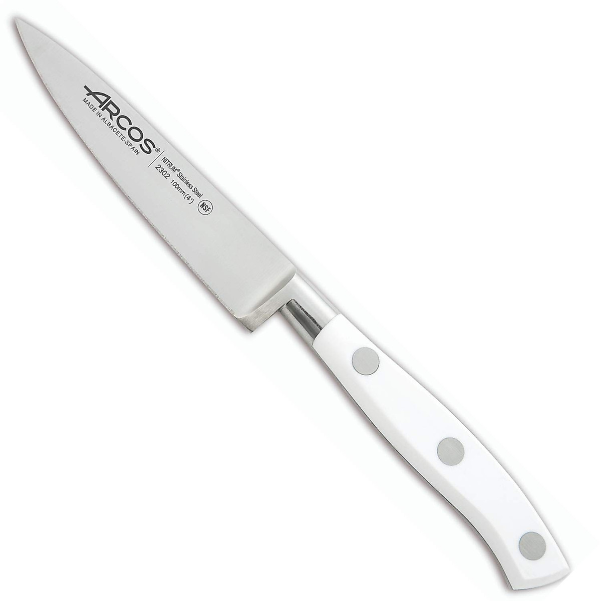 ARCOS Forged Paring Knife 4 Inch Stainless Steel. Kitchen Knife for Peeling Fruits and Vegetables. Ergonomic Polyoxymethylene Handle and 100mm Blade. Series Riviera Blanc. Color White
