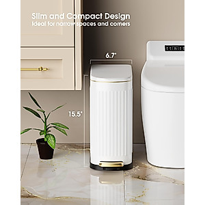 CEROELDA White Bathroom Trash Can with Lid-10L/2.6 Gallon Stainless Steel Step Slim Garbage Can-Rectangle Pedal Trash Bin for Narrow Office, Kitchen, Bedroom, Toilet-Soft Close (B-White/2.6 Gallon)
