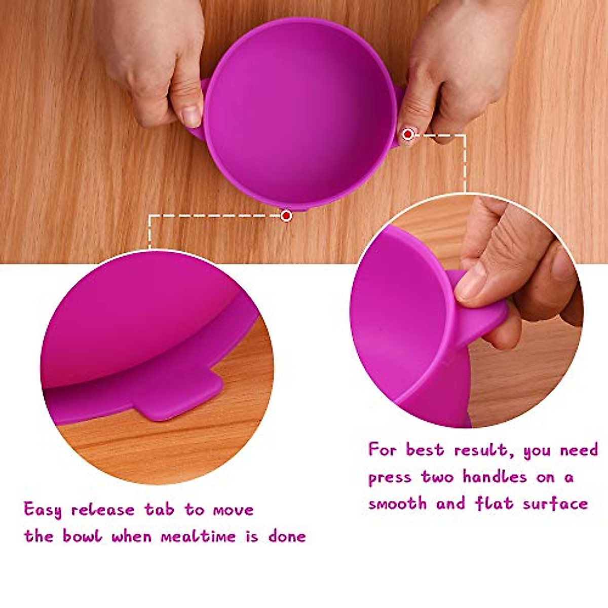 KingKam 2 Pack Baby Bowls with Suction, Silicone Stay up Baby Bowl for Kids and Toddlers, Silicone Bowls and Spoons for Baby Toddler Bowls, Baby Feeding Bowls Set - Pink/Purple