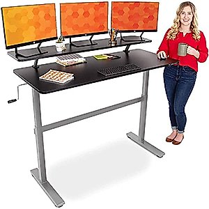 Stand Steady Tranzendesk 55 in Standing Desk with Clamp On Shelf | Easy Crank Height Adjustable Stand Up Workstation w/Attachable Monitor Riser | Holds 3 Monitors & Adds Desk Space (55/Silver Base)