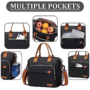 Insulated Lunch Bag - Large Portable Cooler Lunch Box for Office Work Picnic Beach Workout - Reusable Freezable Tote Lunch Bag Organizer with Adjustable Shoulder Strap for Women Men Adult,Black