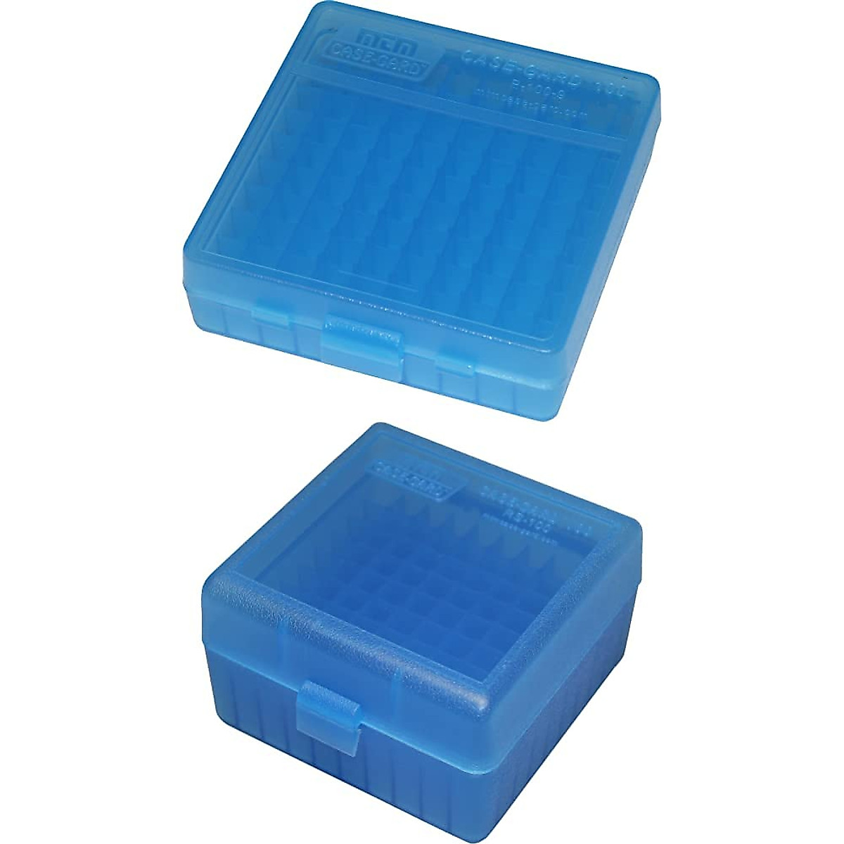 MTM P-100-9-24 Ammo Box 100 Round Flip-Top 9mm 380 ACP, Clear Blue & MTM 100 Round Rifle Ammo Box 17, 204, 223, 5.56x45, 6x47, Clear Blue