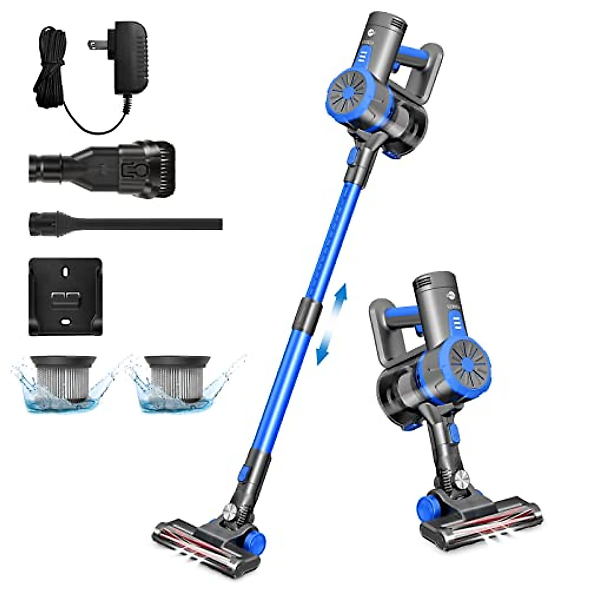 EIOEIR Cordless Stick Vacuum Cleaner with High Efficiency Filtration, Versatilet Lightweigh Vac for Hardwood Floors, Up to 45 Min Run Time, 3 Power Modes, Blue