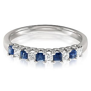 Beyond Brilliance 1/2 Carat Diamond, Prong-Set 14K White Gold Princess Cut Diamond & Blue Sapphire Bridal Wedding Band Ring (H-I, I1-I2) Size-10