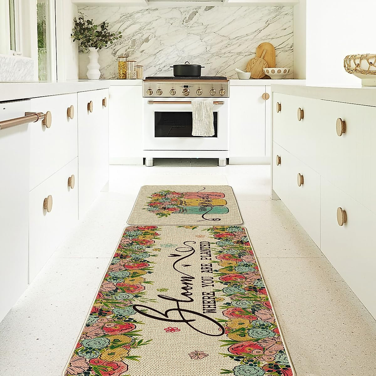 Artoid Mode Vases Flowers Hello Spring Kitchen Mats Set of 2, Home Decor Low-Profile Kitchen Rugs for Floor - 17x29 and 17x47 Inch