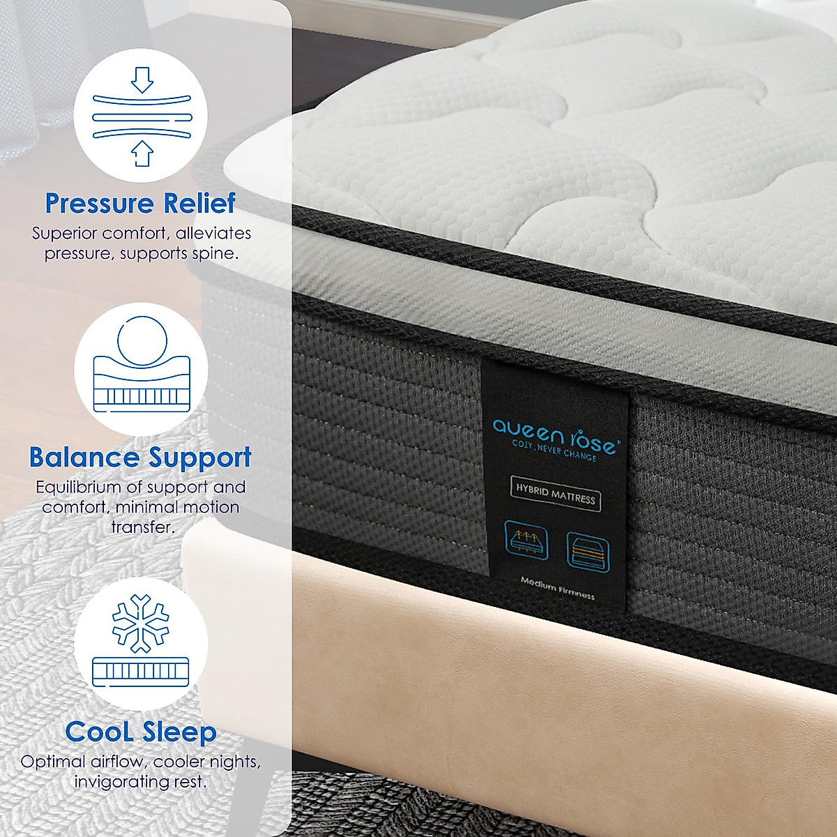 QUEEN ROSE Queen Size Mattress, 12 Inch Pillow Top Hybrid Mattress in a Box, Gel Memory Foam & Individually Pocket Innerspring Bed, Medium Firm CertiPUR-US Certified & Fiberglass Free