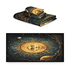 Flradish Sun and Moon Towels 3 Pack Bath Towels for Bathroom Set Soft Cotton Highly Absorbent Lightweight & Quickdry Towel Set 1 Bath Towel,1 Hand Towel,1 Washclothe