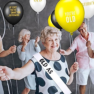 36 Pcs Holy Shit You're Old Banner Birthday Decoration Gold Glitter Banner Old As Shit White Sash Over The Hill Hanging Swirls Black and Gold Balloons Funny Old Age Birthday Retirement Party Supplies