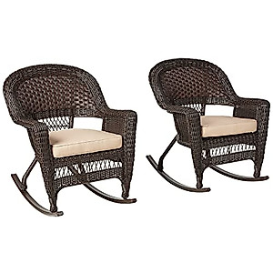Jeco Rocker Wicker Chair with Tan Cushion, Set of 2, Espresso