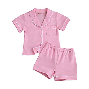 BULINGNA Kids Toddler Baby Girl Summer Two Piece Pajamas Set Short Sleeve Button Down Top with Shorts Pink