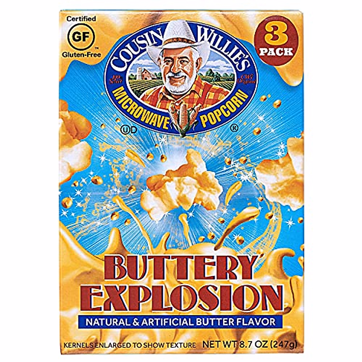 Cousin Willie's Microwave Popcorn Bags, Buttery Explosion (4 Boxes, 12 Bags), Gourmet Popcorn Boxes for Party, Whole Grain Popcorn, Gluten Free, Low Calorie Healthy Snack, Made in USA, non-GMO
