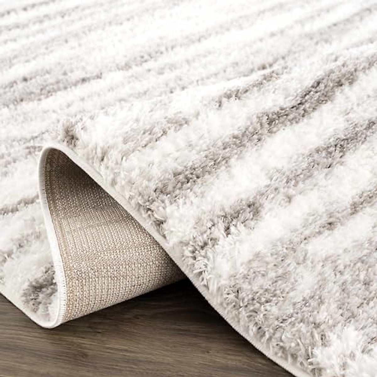 Hauteloom Mette Living Room, Bedroom Shaggy Area Rug - Bohemian Modern Striped Farmhouse Shag - Fluffy Soft Touch High Pile - Gray, White, Vizon - 6'7" x 9'