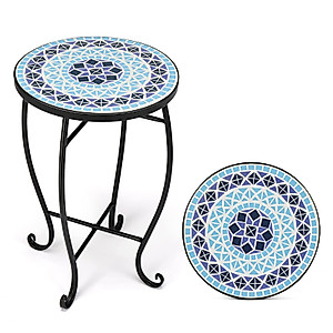 VINGLI Mosaic Accent Table, 14" Round Side Table,End Table, Plant Stand Decor for Patio Porch Beach Theme Balcony Back Deck Pool Indoor Outdoor Coffee, Metal Cobalt Glass Top Black Iron(Blue Ocean)