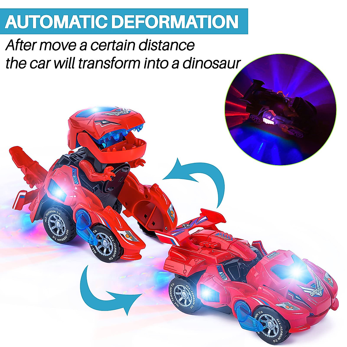 Refasy Toys for 4 Year Old Boys,2 in 1 Transforming Dinosaur LED Car with Music Kids Toys Dinosaur Toys Birthday Gifts for Boys Girls(Red)