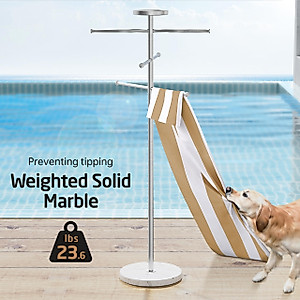 Natural Marble Outdoor Towel Rack with Weighted Base, KES 5-feet Outdoor Towel Rack for Hot Tub 18/8 Stainless Steel, Adjustable 3 Arms with Storage Tray, Brushed Finish OTR200-2