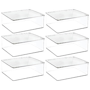 mDesign Plastic Kitchen Pantry and Fridge Storage Organizer Box Containers with Hinged Lid for Shelves or Cabinets, Holds Food, Snacks, Seasoning, Condiments, Utensils, Ligne Collection, 6 Pack, Clear