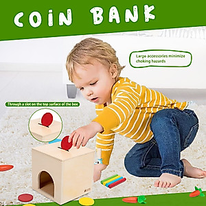 Adena Montessori 6 in 1 Play Kit Toy- 3 Nesting & Stacking Boxes, Object Permanence Drop Game, Coin Box, Carrot Harvest,Tissue Box,Sticks Matching Game for 6-12 Months 1 Year Old Toddlers 2 Year