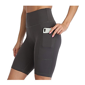 Amazon Essentials Yoga Biker Workout Shorts for Women Side Pockets Gym Running Compression High Waist Short 1360-Dark Grey-L