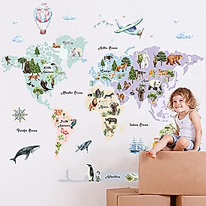 Large Animals World Map Wall Sticker Decals for Kids, Peel and Stick Wild Animals World Map Decor Stickers for Kids Wall Art Map of the World Decals for Nursery Classroom Playroom Kindergarten Educational Wall Decor