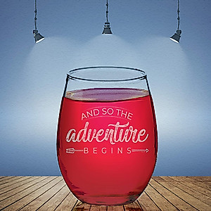 Veracco And So The Adventure Begins Stemless Wine Glass Funny BirthdayGift For Someone Who Loves Drinking Bachelor Party Favors (Clear, Glass)