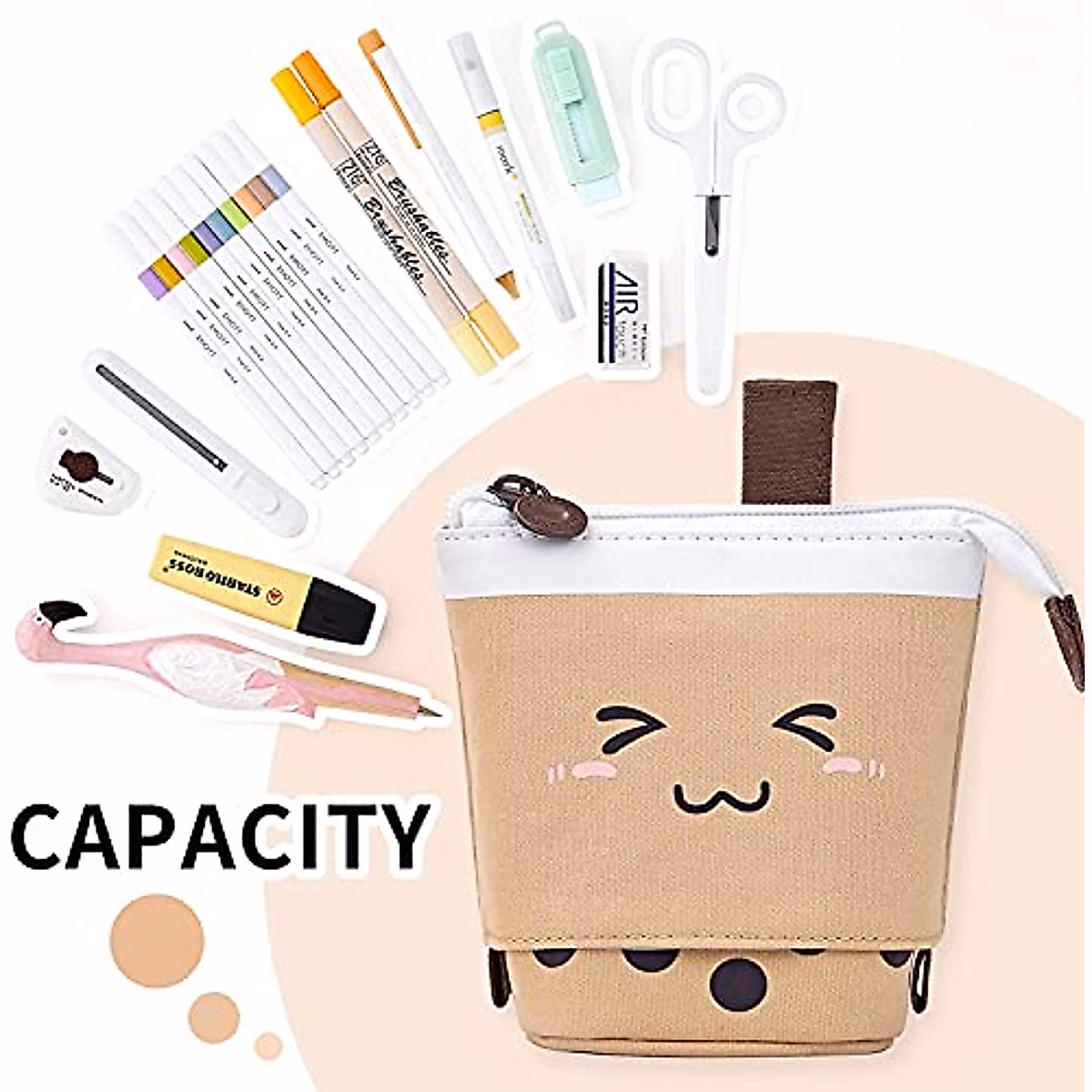 Pencil Case Standing Pen Holder Telescopic Makeup Pouch Pop Up Cosmetics Bag Stationery Office Organizer Box for Students Unsex Adults (Brown)