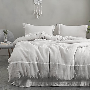 Simple&Opulence 100% Linen Duvet Cover Set Comforter King Size (104" x 92")-3pcs French Washed Flax Textured Soft Bedding with Striped Detail, 1 Duvet Cover and 2 Pillowcases (Grey)