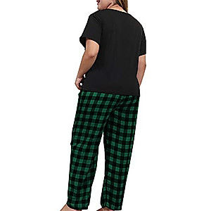 KAMONG Women Plus Size Pajamas Set Plaid Lounge Pants V-Neck Long/Short Sleeve Cotton T Shirt 2 Piece Sleepwear Green