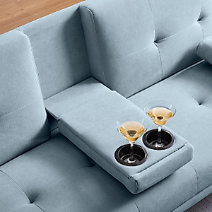 VFD Futon Sofa Bed Modern Convertible Recliner Lounge for Living Room with 2 Cup Holders, Removable Armrests (Light Blue)