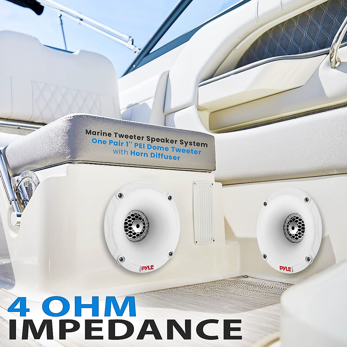 PyleUsa Marine Tweeter Speaker System, One Pair 1inch PEI White Dome Tweeter with Horn Diffuser, 120 Watts Max Power with 4 Ohm Impedance, IP-X5 Marine Grade Waterproof Rating