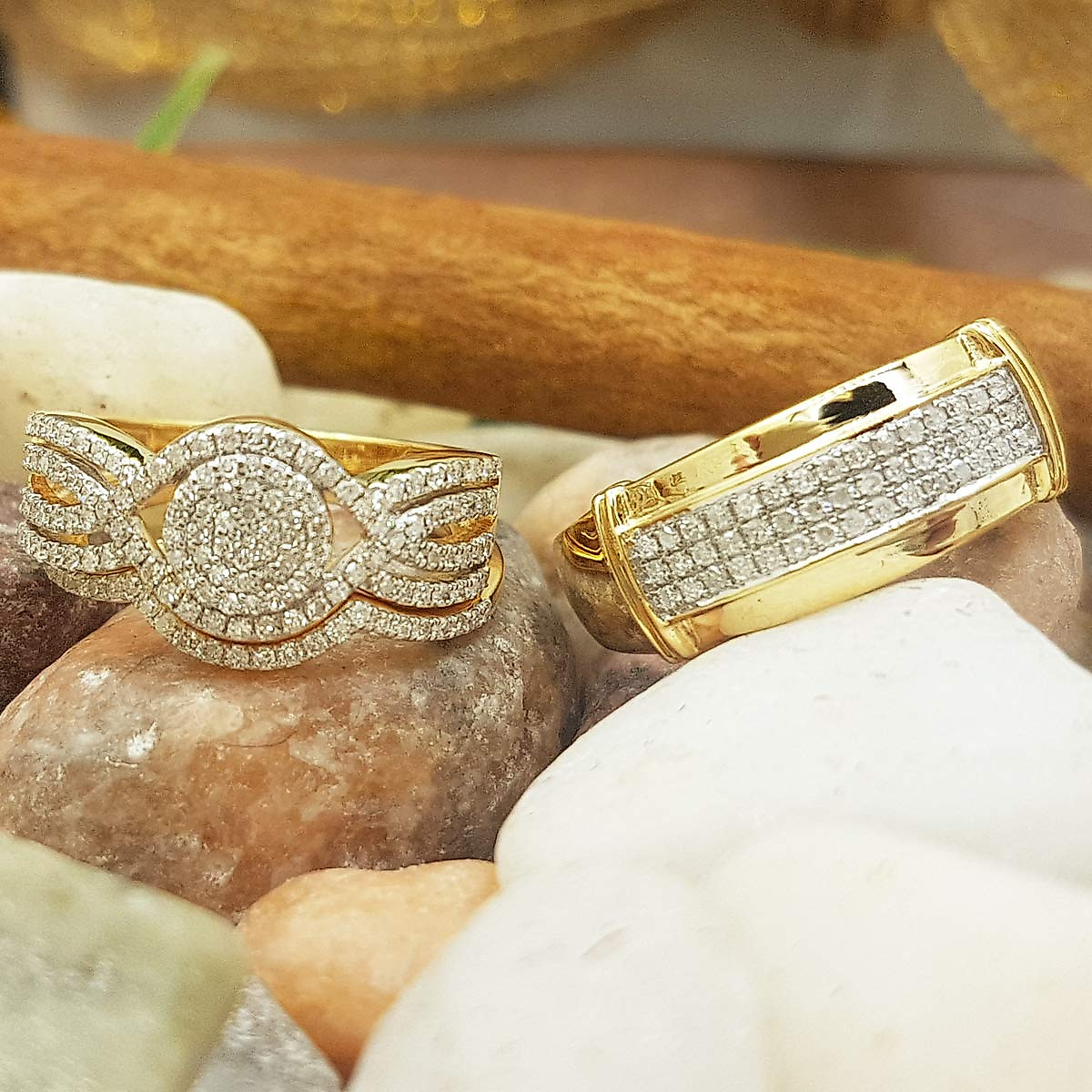 Dazzlingrock Collection Round White Diamond Cluster Criss Cross Matching Wedding Trio Ring Set (0.65 ctw, Color I-J, Clarity I2-I3) in 10K Yellow Gold, Women size 8.5 and Men size 11