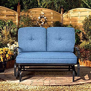 Tangkula Outdoor Swing Glider Chair, Patio Glider Bench for 2 Persons, Outdoor Rocking Loveseat with Steel Frame & Comfortable Cushions for Garden, Porch, Balcony, Poolside (Blue)