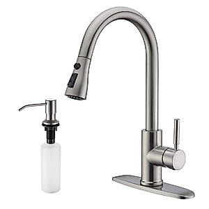 WEWE Single Handle High Arc Brushed Nickel Pull Out Kitchen Faucet,Single Level Stainless Steel Kitchen Sink Faucets with Pull Down Sprayer with Soap Dispense