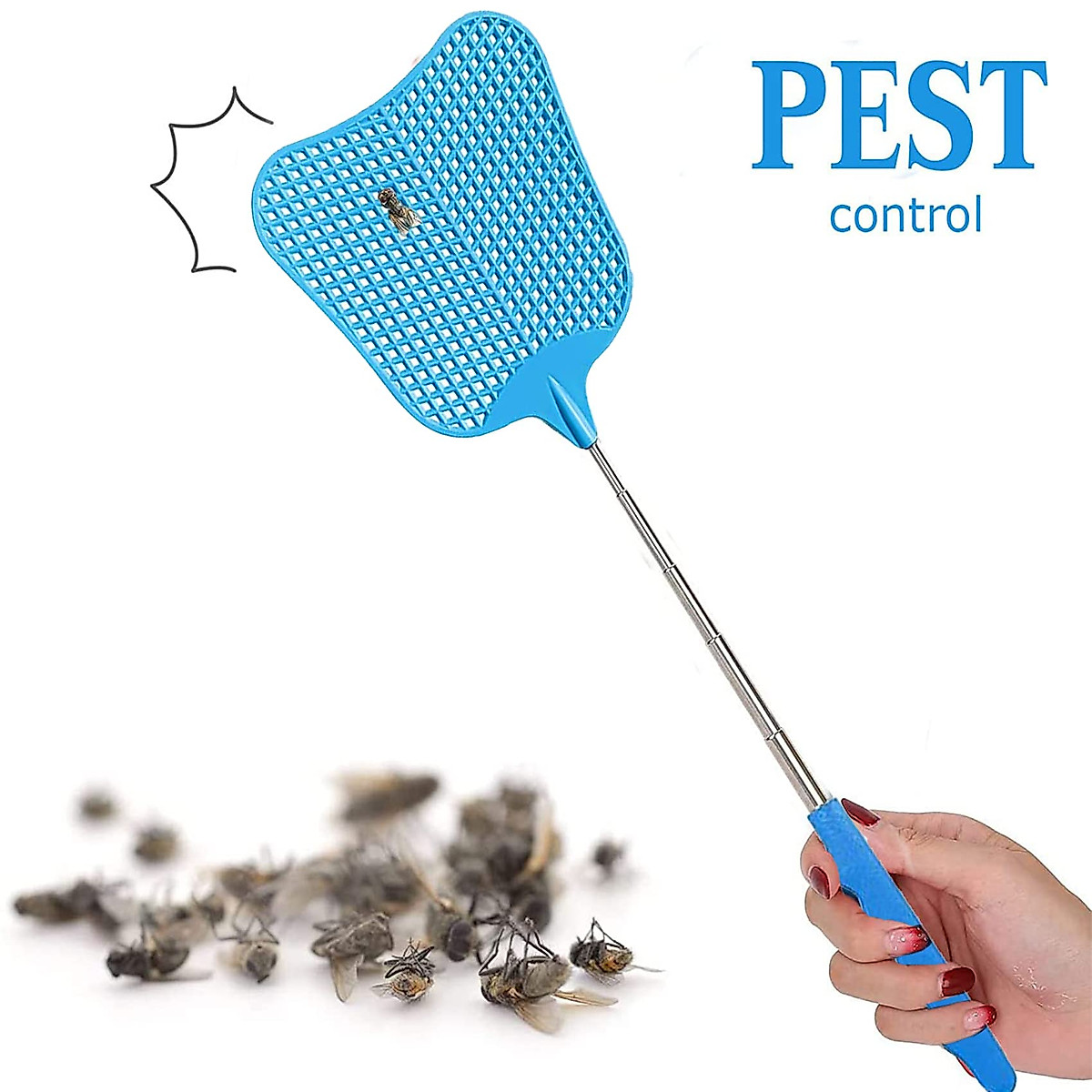 EasyULT 2 Pieces Fly Swatter, Extendable Fly Swatter Lightweight Manual Swat Pest Control, Adjustable Length 26 to 75 cm, Adjustable Stainless Steel Telescopic Handle(Blue + Black)