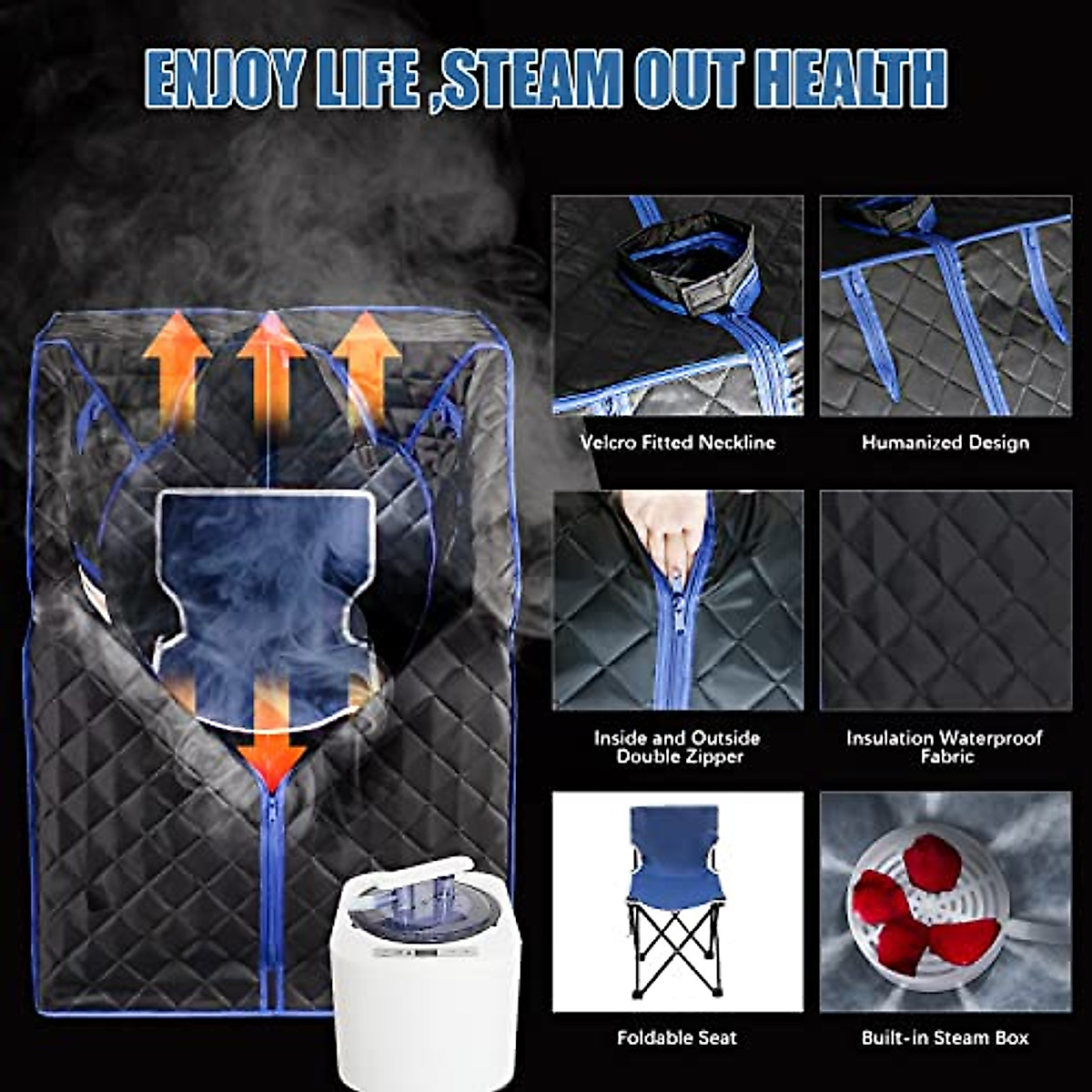 HOSAUNA Portable Steam Sauna Tent Folding Home Sauna Personal Sauna Spa with 2L Pot 1000W Nine-Speed Temperature Adjustment with Chair Remote Control for Detox Relax Indoor Sauna Black