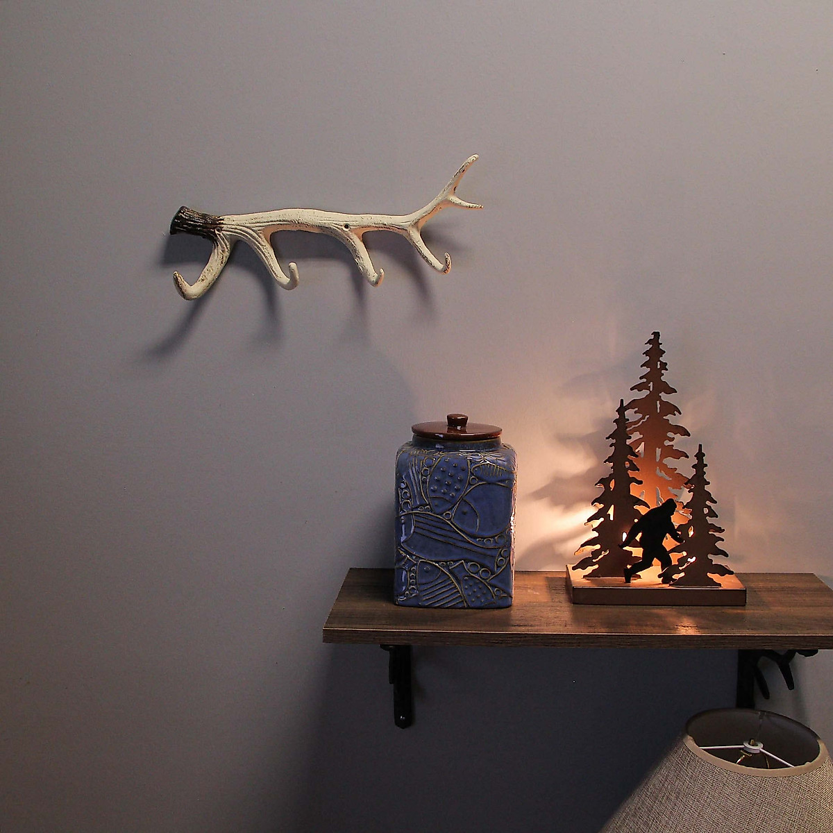 Zeckos Painted Brown and White Cast Iron Deer Antler Wall Mounted Hook Rack Coat Towel Key Hat Hanger - Easy Install - Lodge, Cabin Or Western Décor 16 Inches Long