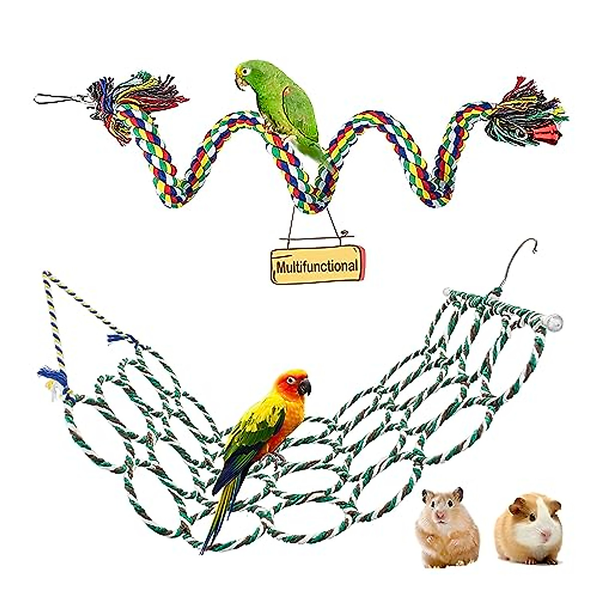 Duckiimo Bird Swing Hemp Rope Net, Parakeet Perch Climbing Bungee Ladder, Hammock Hanging Parrot Cage Toy for African Grey, Little Macaw, Cockatoo, Parakeets, Cockatiel, Conure (Multifunction)