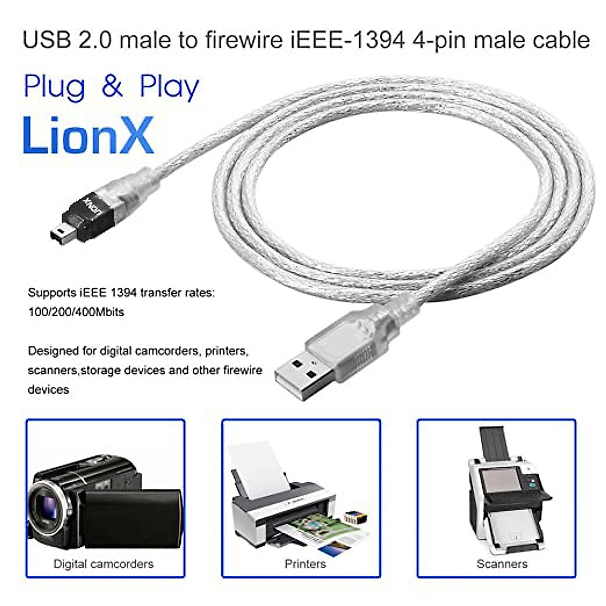 LIONX New Data DV Cable USB to IEEE 1394 4 Pin Firewire Adapter High PC