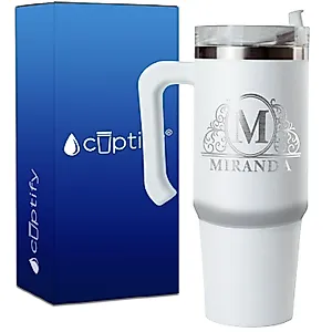 Personalized 30 oz Travel Mug - Elaborate Circle Monogram - White Custom Engraved Cup with Handle Vacuum Insulated Tumbler Birthday Gift for Women, Men, Beer and Drinks