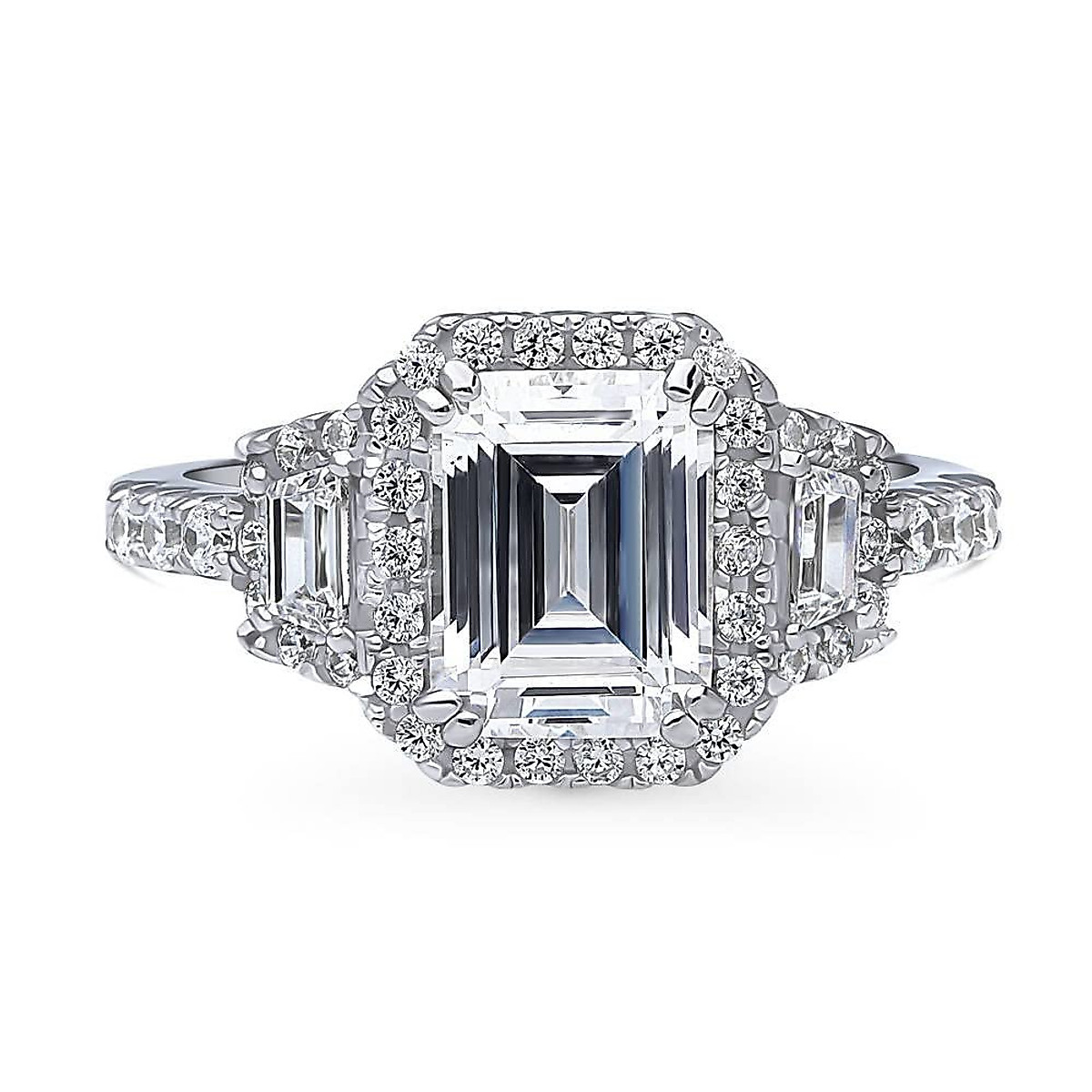 BERRICLE Sterling Silver 3-Stone Wedding Engagement Rings Step Emerald Cut Cubic Zirconia CZ Halo Ring for Women, Rhodium Plated Size 9