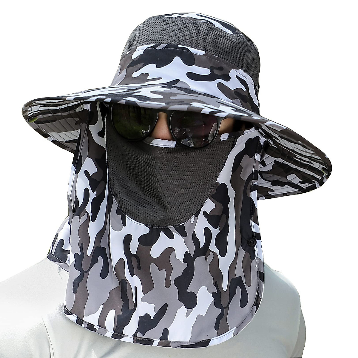 UPF 50+ Sun Fishing Hat for Men Women Wide Brim Hat with Detachable Face Cover & Neck Flap Grey Camo